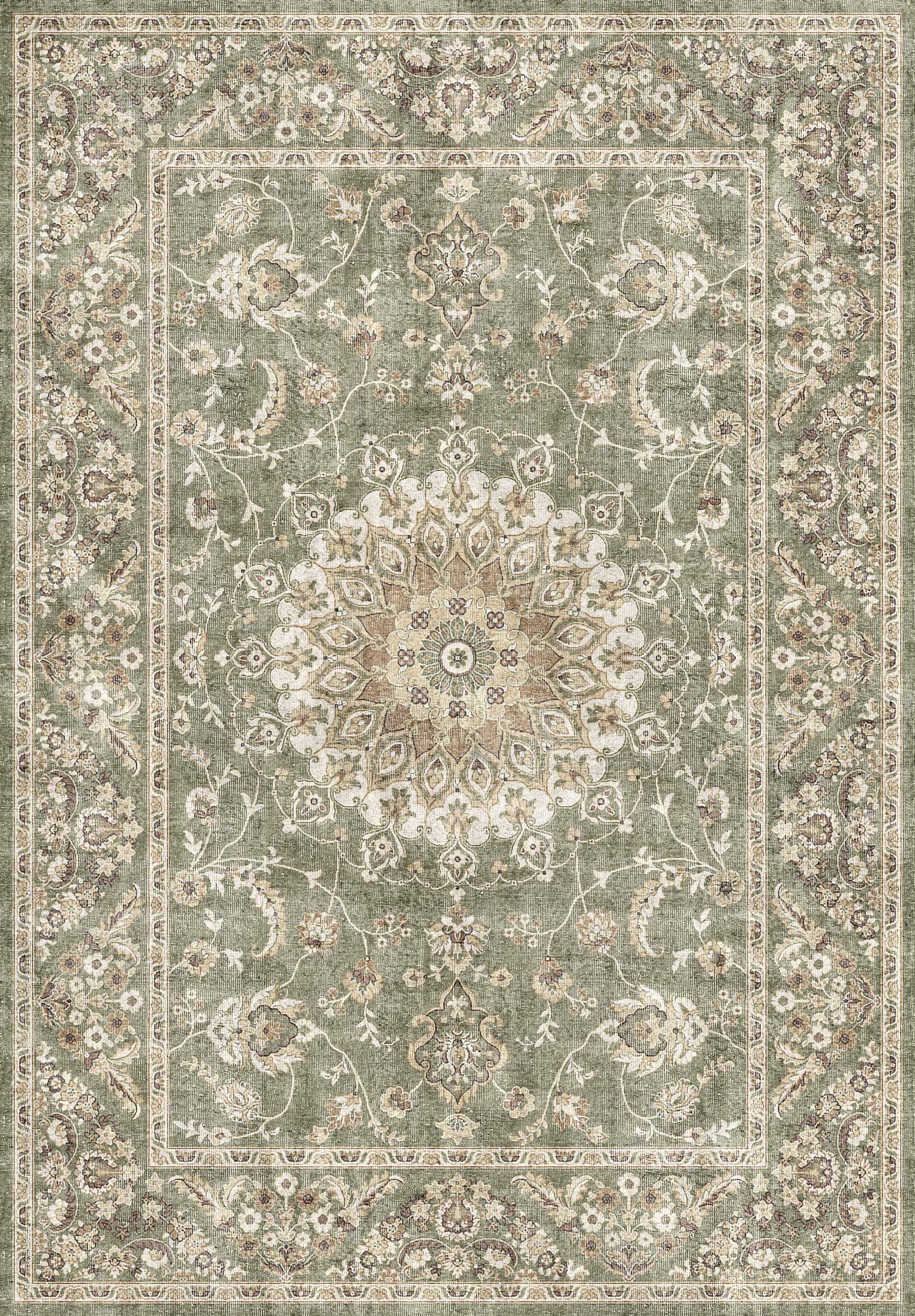 Whispered Heritage Traditional Green Washable Rug | JUSTRUG